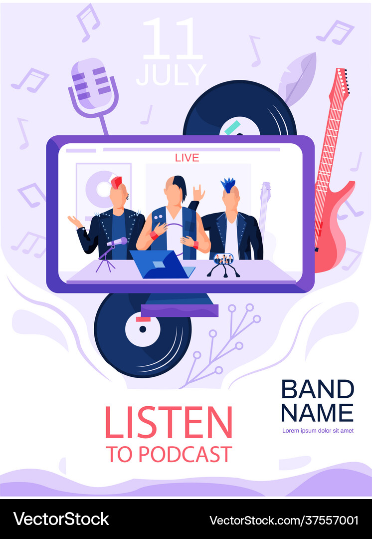 Rock band singing song performing for broadcast Vector Image