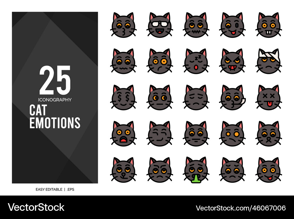 25 cat emotions lineal color icon pack Royalty Free Vector