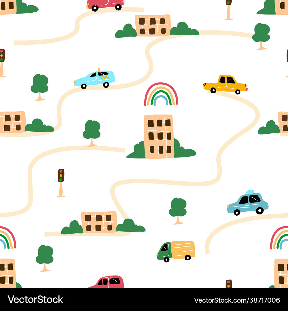Seamless pattern with cars and roads Royalty Free Vector
