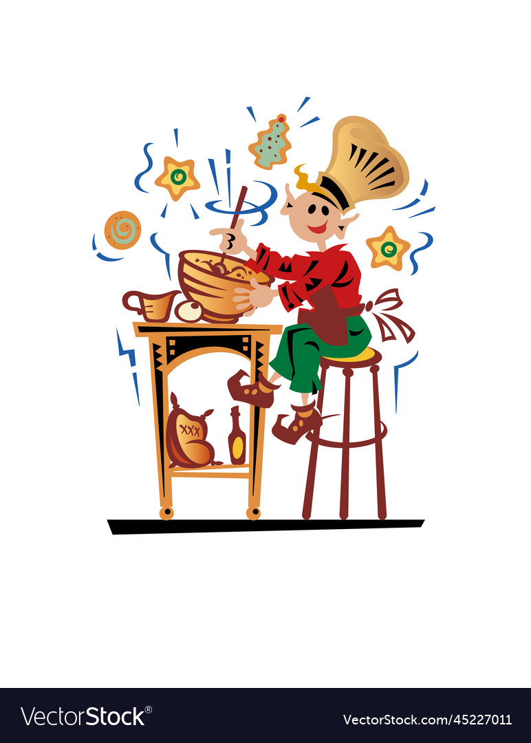 Elf prepares christmas cookies Royalty Free Vector Image