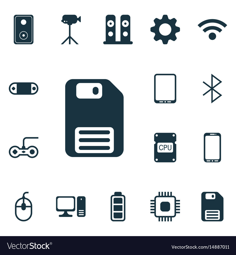 Set of 16 computer hardware icons includes chip Vector Image