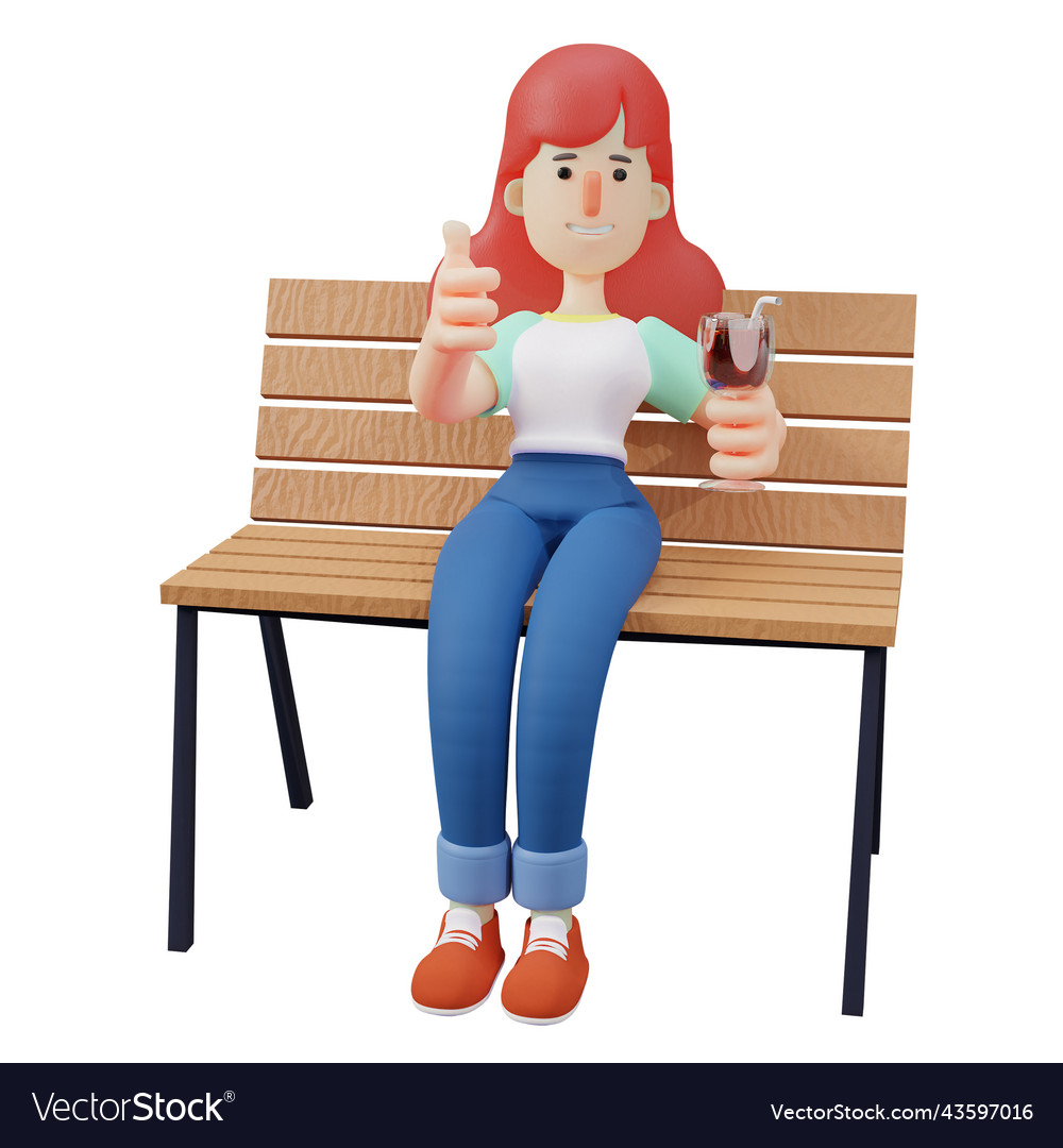 3d Cute Girl Cartoon Picture Sitting On A Bench Vector Image