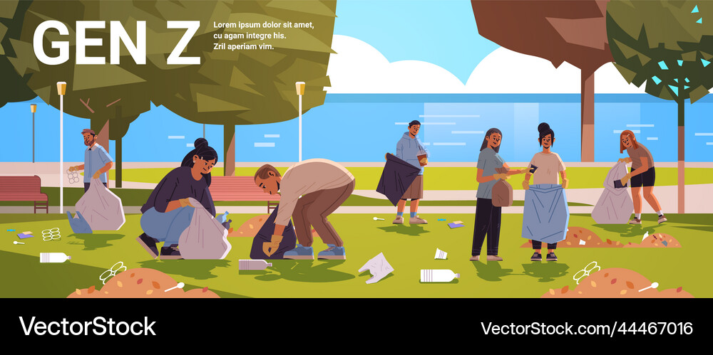 People Collecting Trash Into Bag Beach Cleanup Vector Image