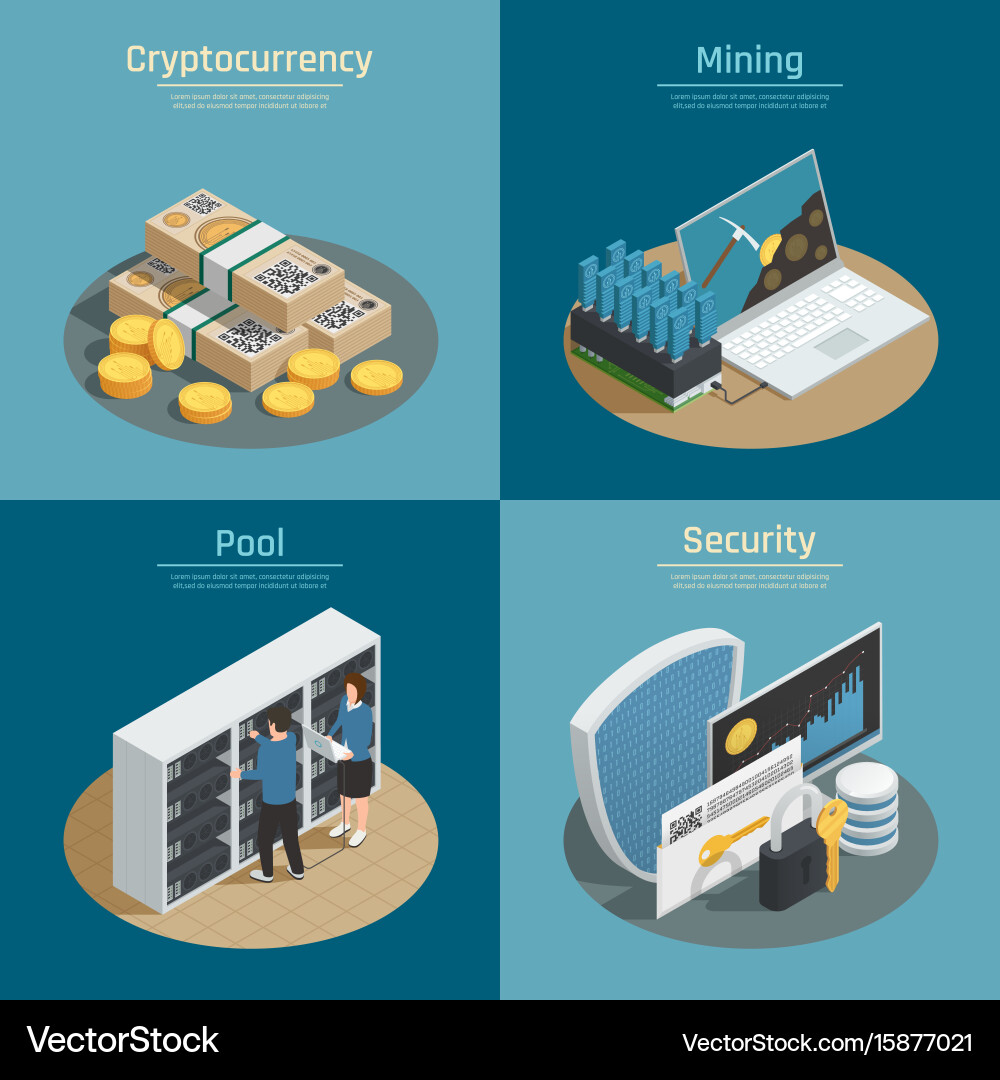 Cryptocurrency isometric compositions Royalty Free Vector