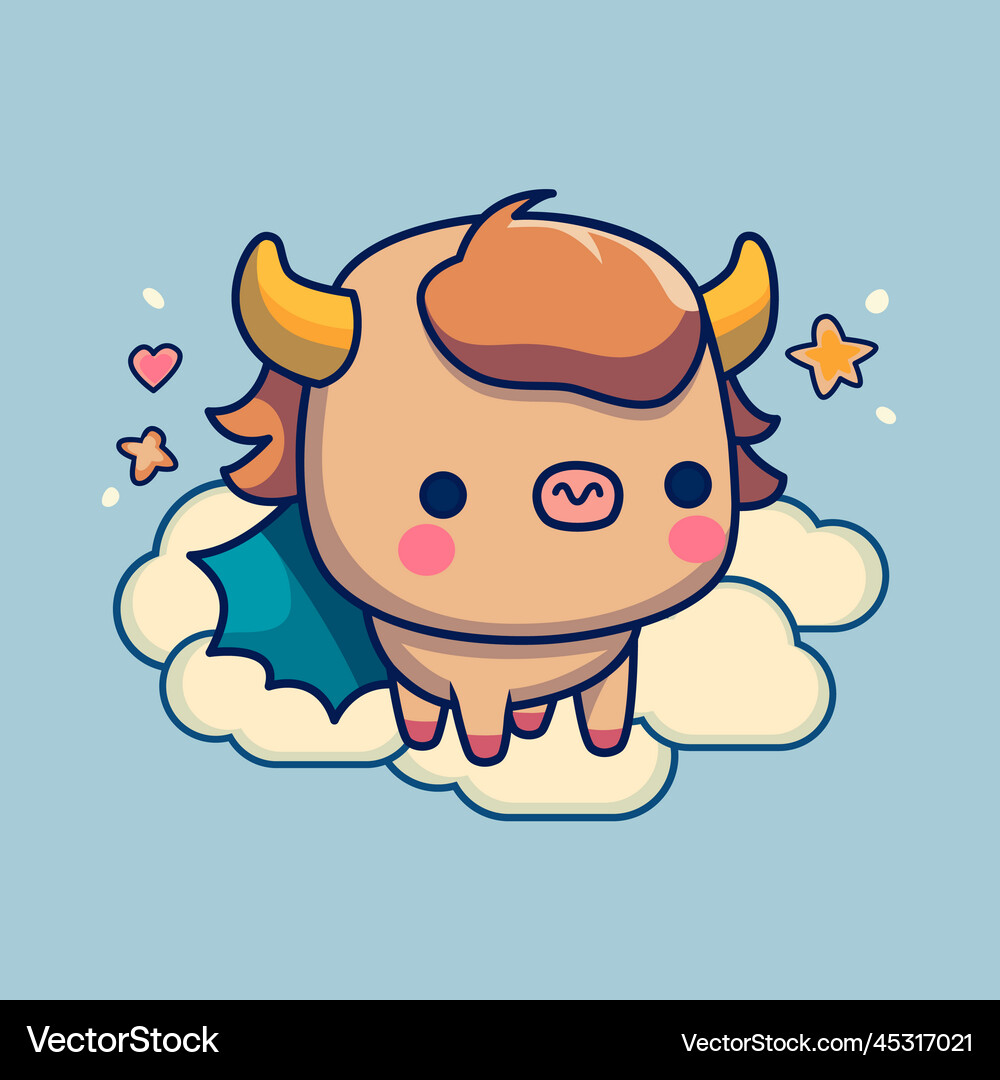 Cute super buffalo baby flies through the clouds Vector Image