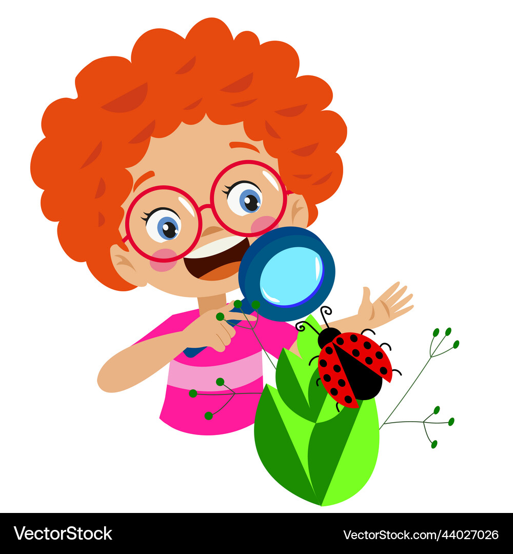 Boy with magnifying glass examines ladybug Vector Image
