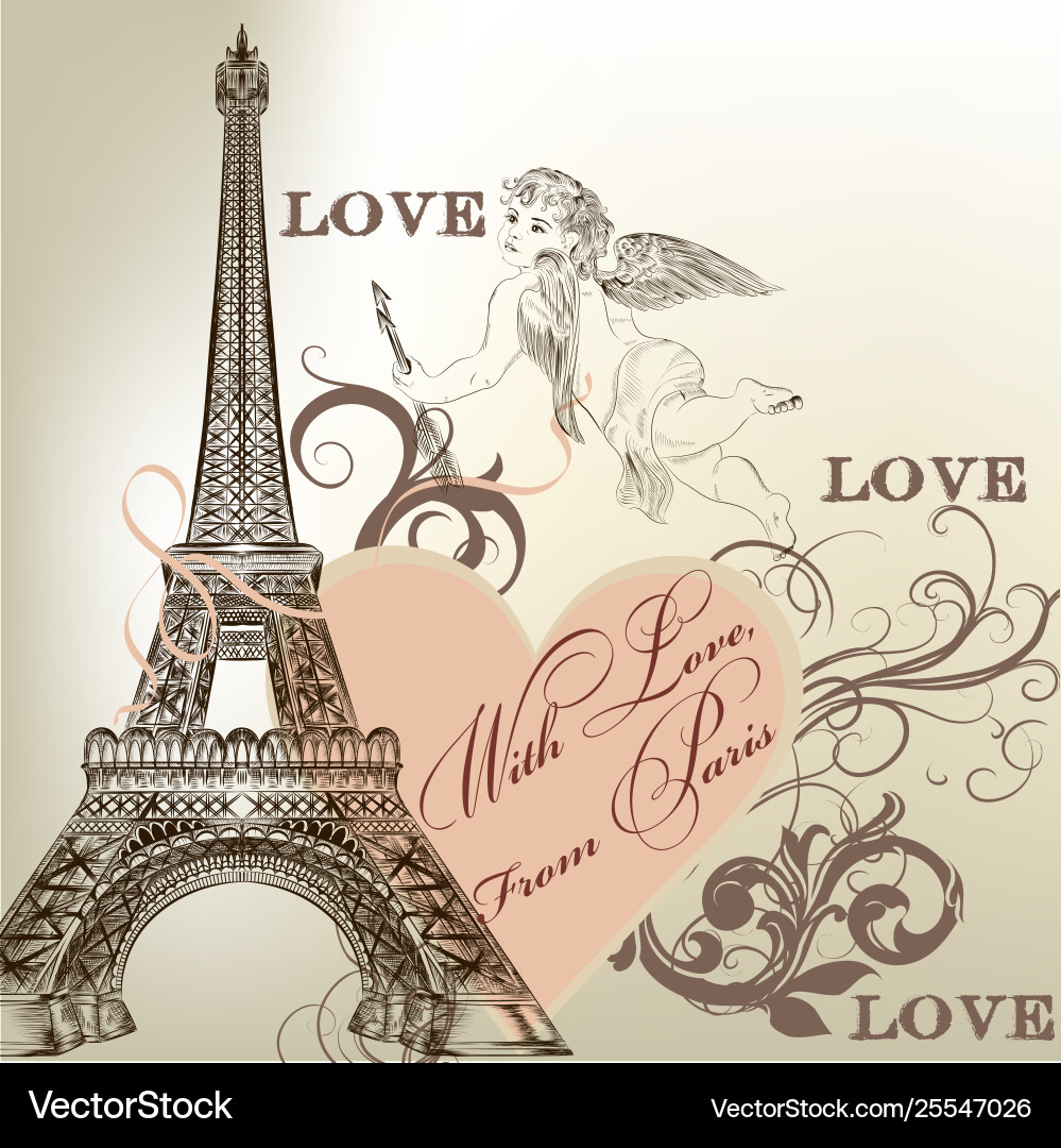 Greeting valentine card with detailed eiffel tower