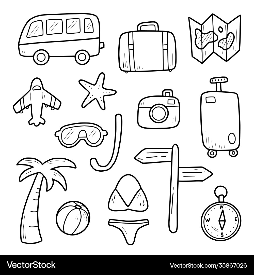 Hand drawn set travel summer vacation Royalty Free Vector