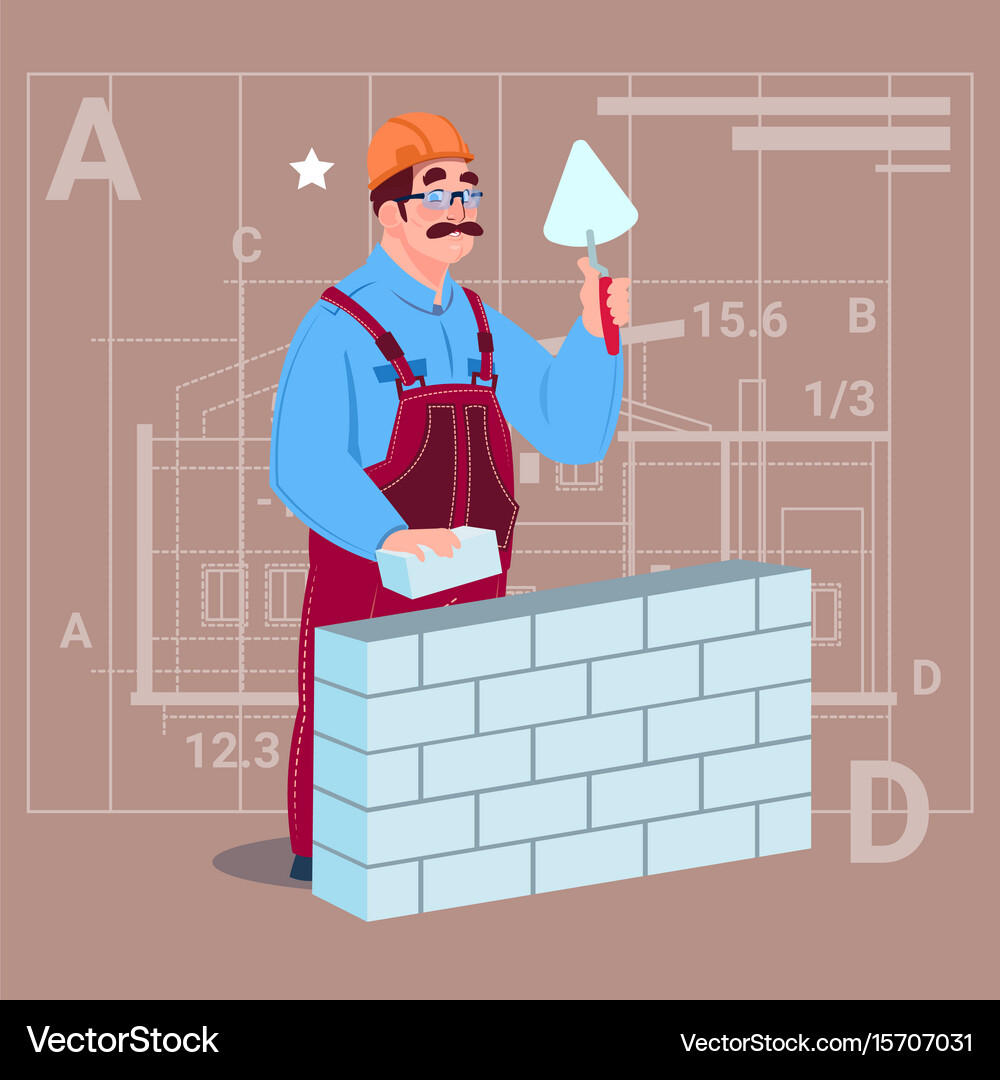 Cartoon builder laying brick wall hold spatula Vector Image