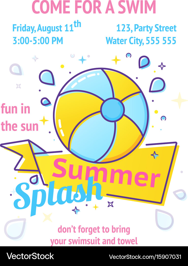 Pool party poster with inflatable ball and splash Vector Image