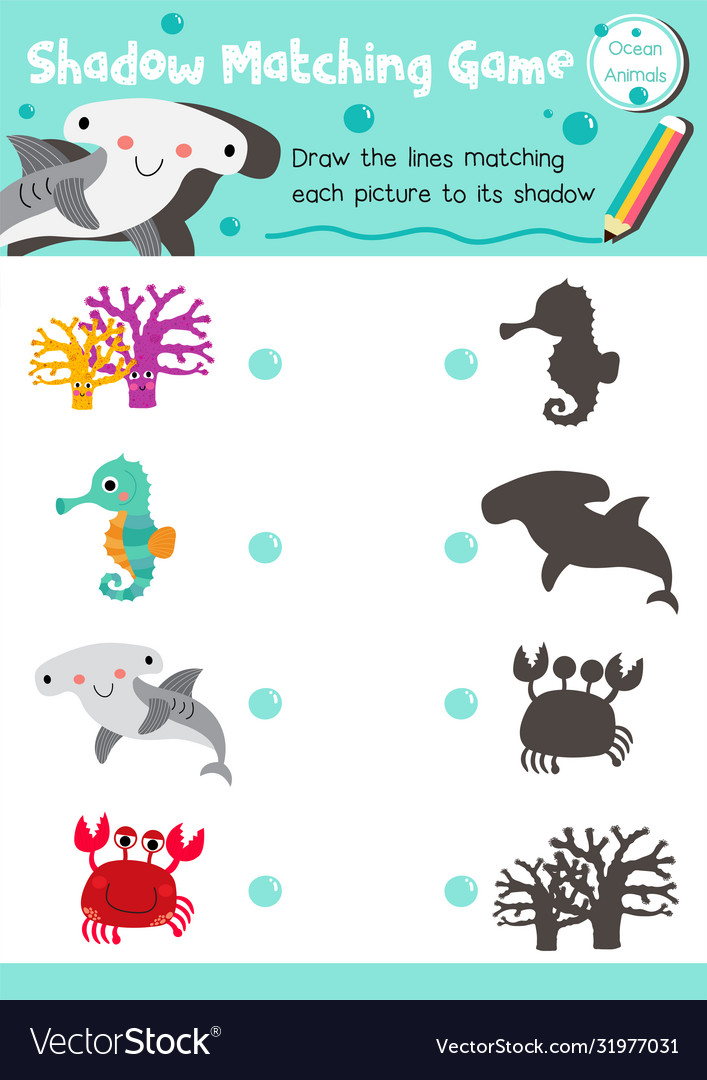 Shadow matching game ocean animal Royalty Free Vector Image