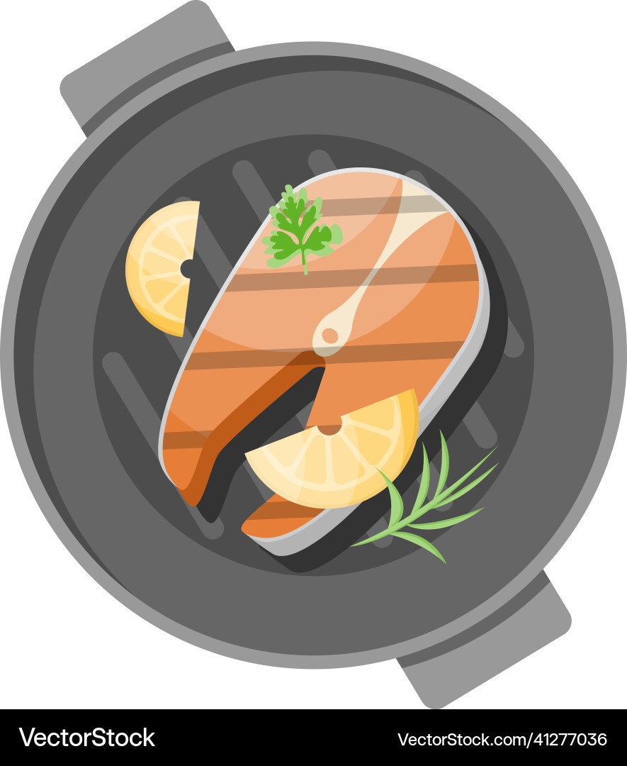 Grilled fish slice cooking with lemon and herb Vector Image