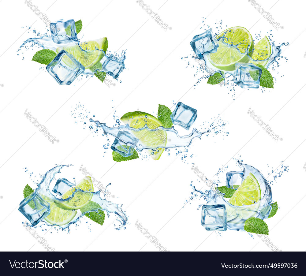 Mojito drink wave splash with lime ice cubes Vector Image