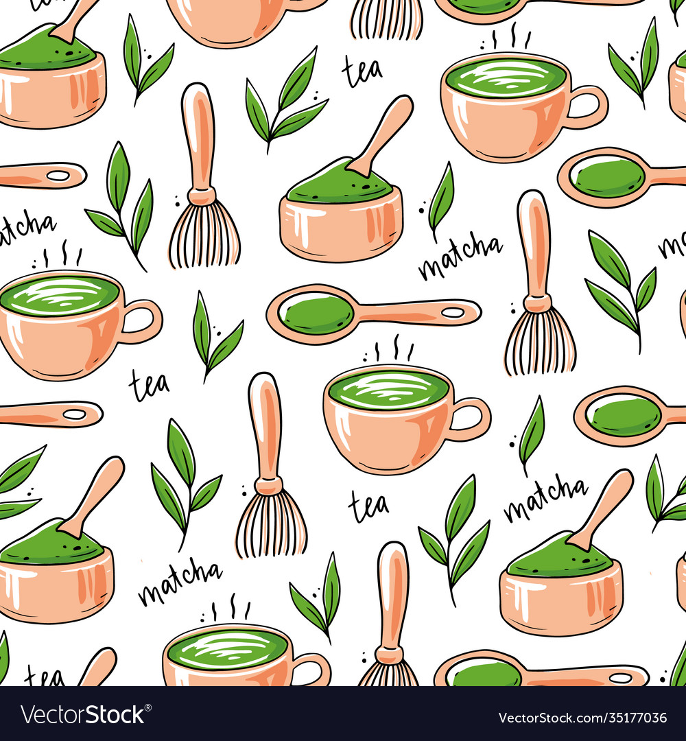 Seamless pattern hand drawn matcha tea elements Vector Image
