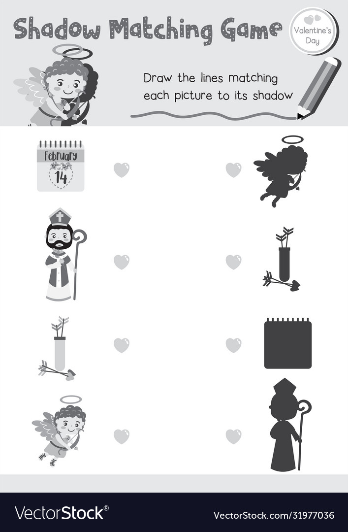 Shadow matching game valentine cupid colorless Vector Image