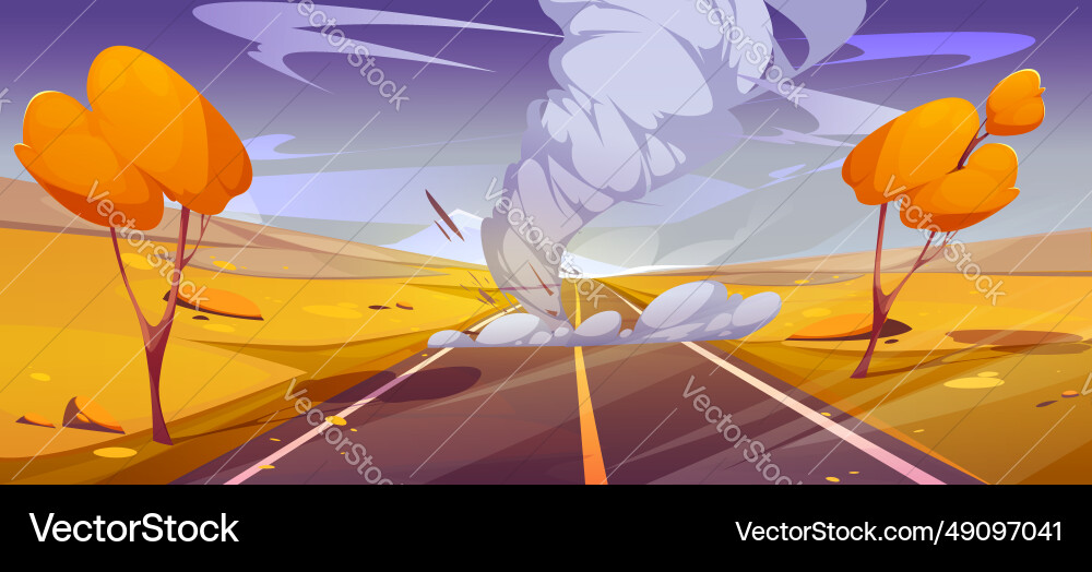 Tornado storm cyclone on autumn road landscape Vector Image
