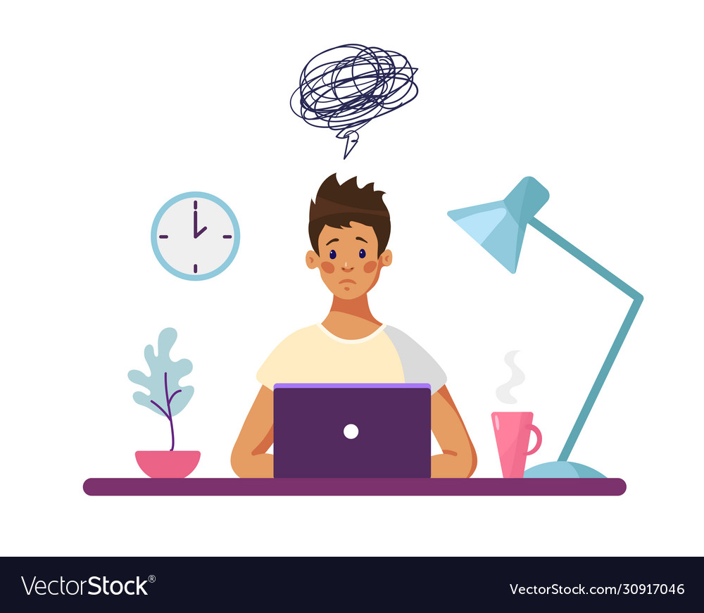 Guy sits at a desk with a computer and thinks Vector Image Guy sits at a desk with a computer and thinks Vector Image
