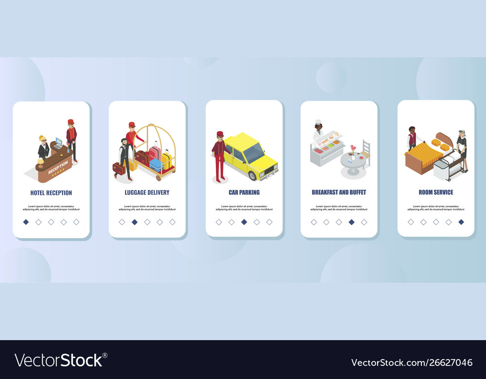 Hotel service mobile app onboarding screens Vector Image Hotel service mobile app onboarding screens Vector Image