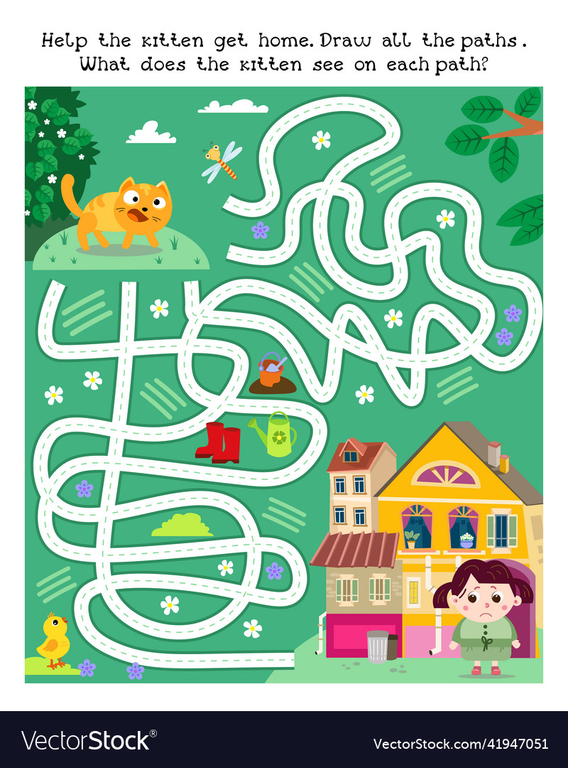 Help the kitten get home draw all paths what Vector Image