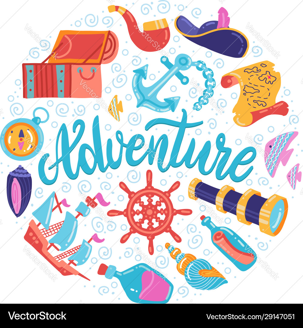 Round shape adventure symbols set with hand Vector Image