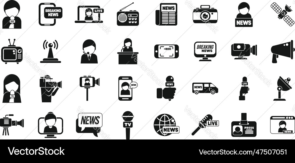 Tv reporter icons set simple studio Royalty Free Vector