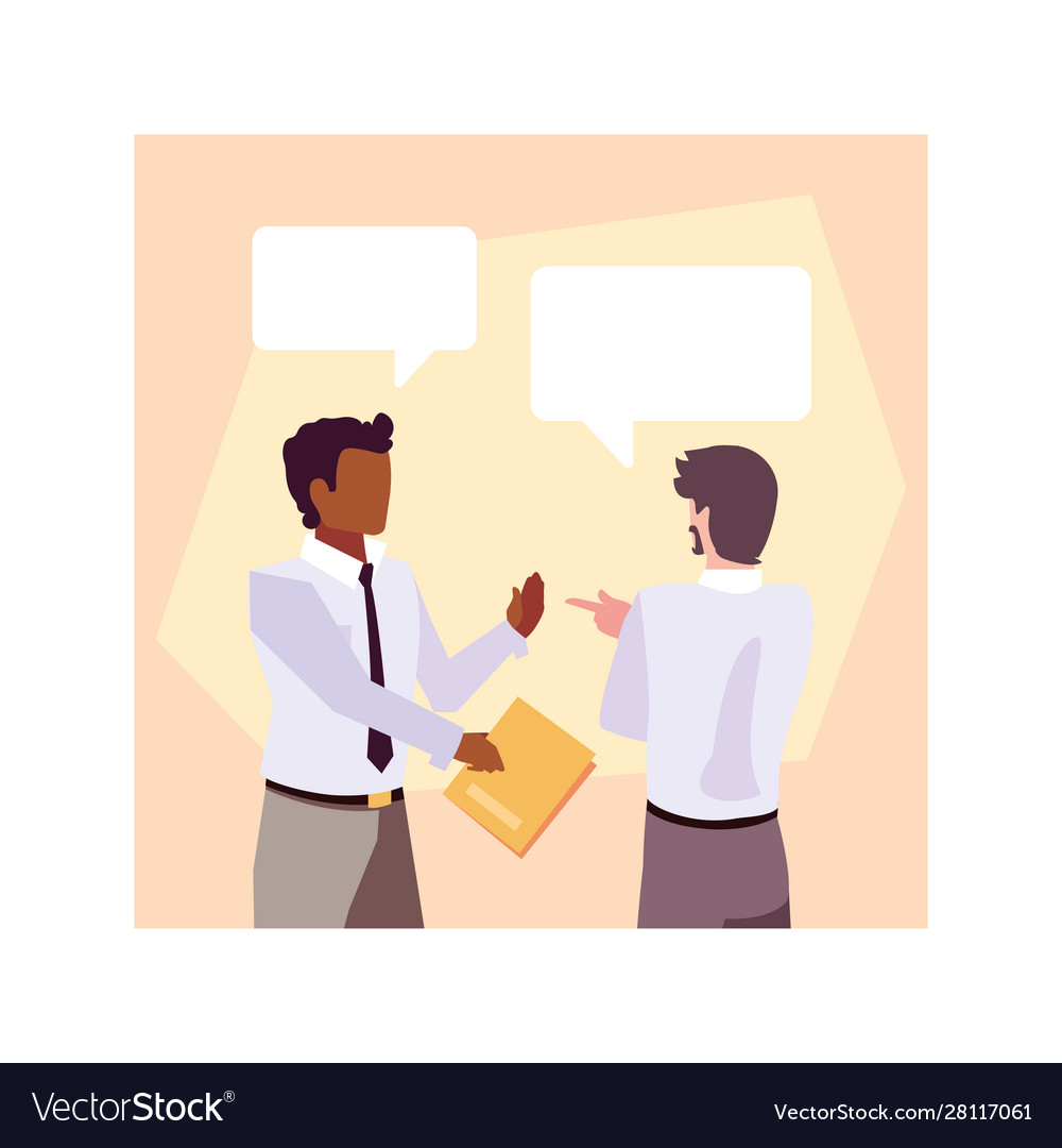 Businessmen in work office with speech bubble Vector Image