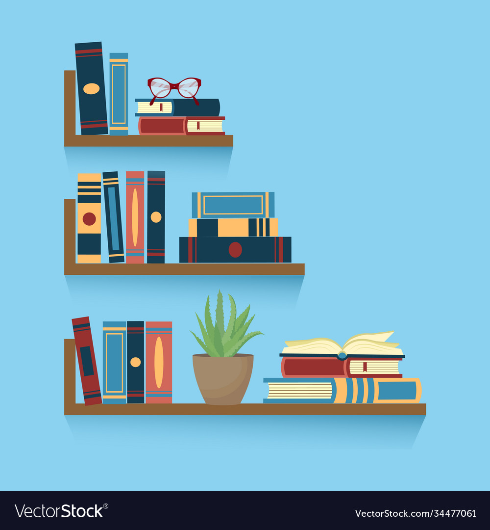 Set bookshelves with stacks books glasses Vector Image