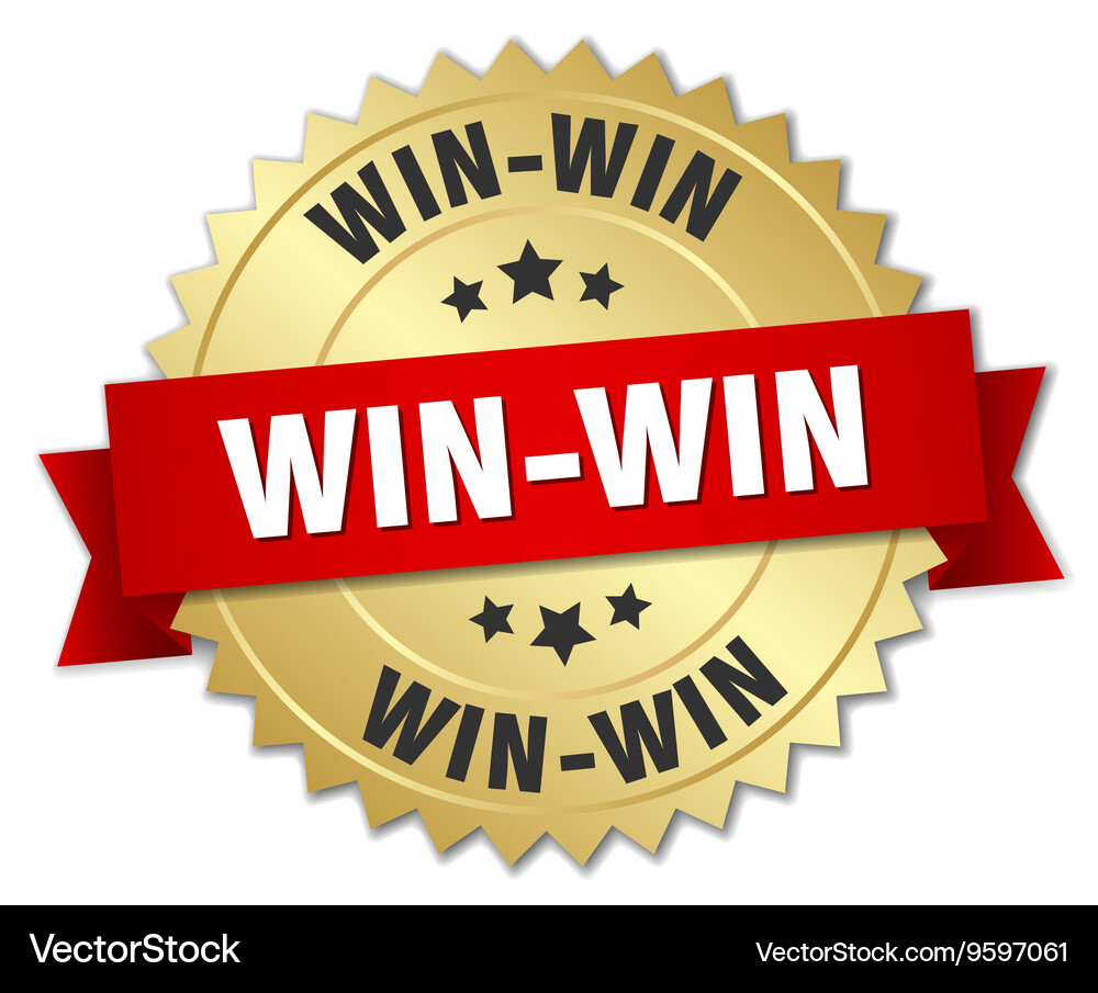 Win-win 3d gold badge with red ribbon Royalty Free Vector