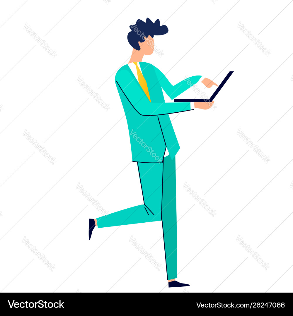 Man holding laptop in his hands Royalty Free Vector Image