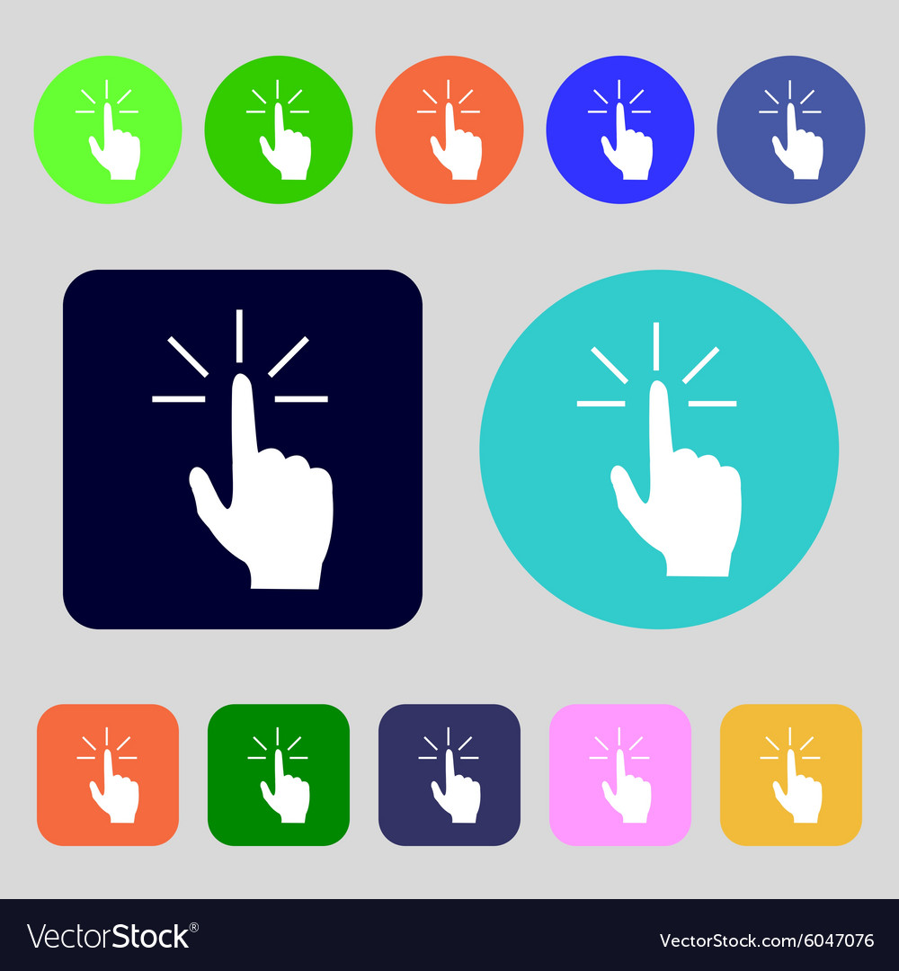 Click here hand icon sign 12 colored buttons flat Vector Image Click here hand icon sign 12 colored buttons flat Vector Image