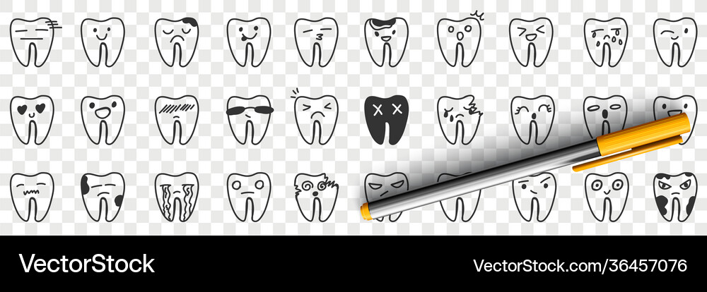 Healthy and unhealthy tooth doodle set Royalty Free Vector