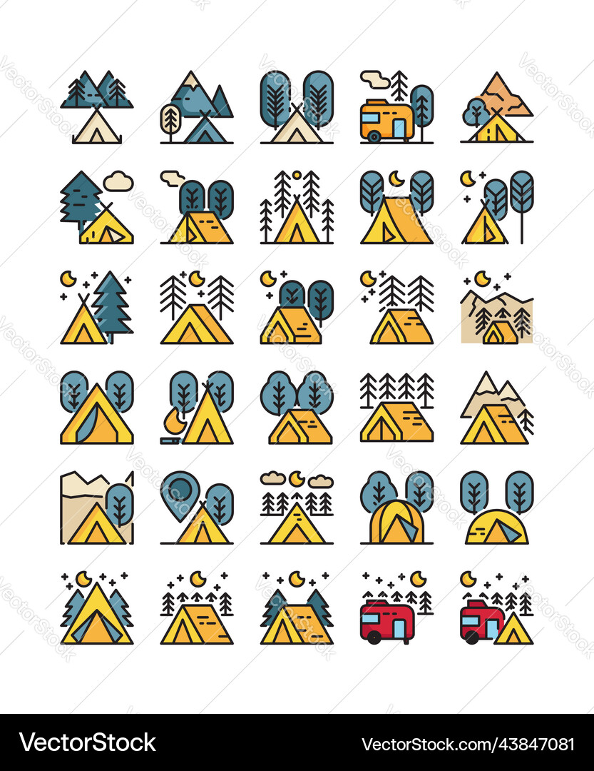 Camping campground icon set filled outline Vector Image