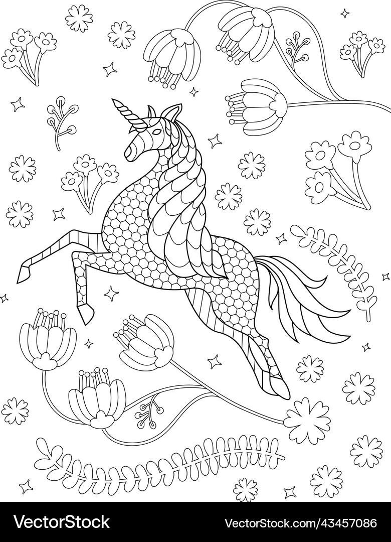 Coloring book page with unicorn jumping Royalty Free Vector