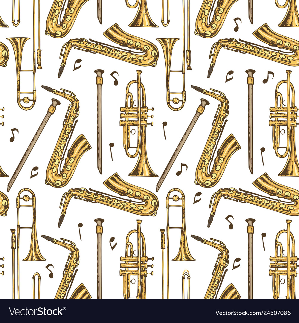 Seamless pattern wind instruments and notes Vector Image