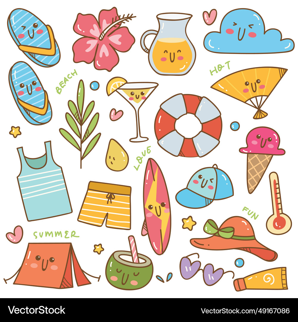 Set of kawaii summer doodle design elements Vector Image