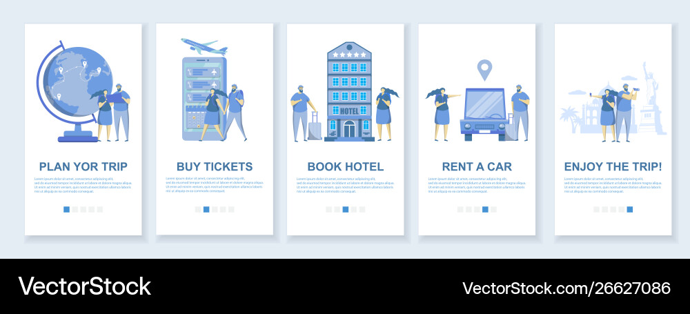 Travel mobile app onboarding screens Royalty Free Vector