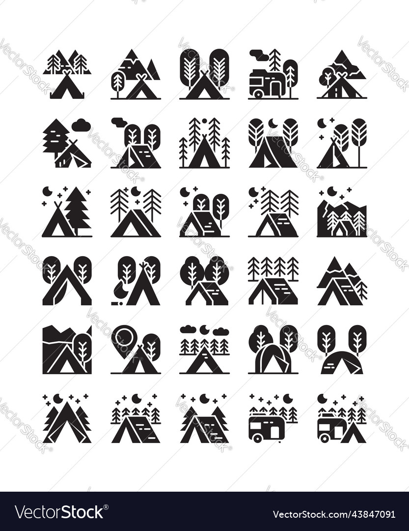 Camping campground solid icon set Royalty Free Vector Image