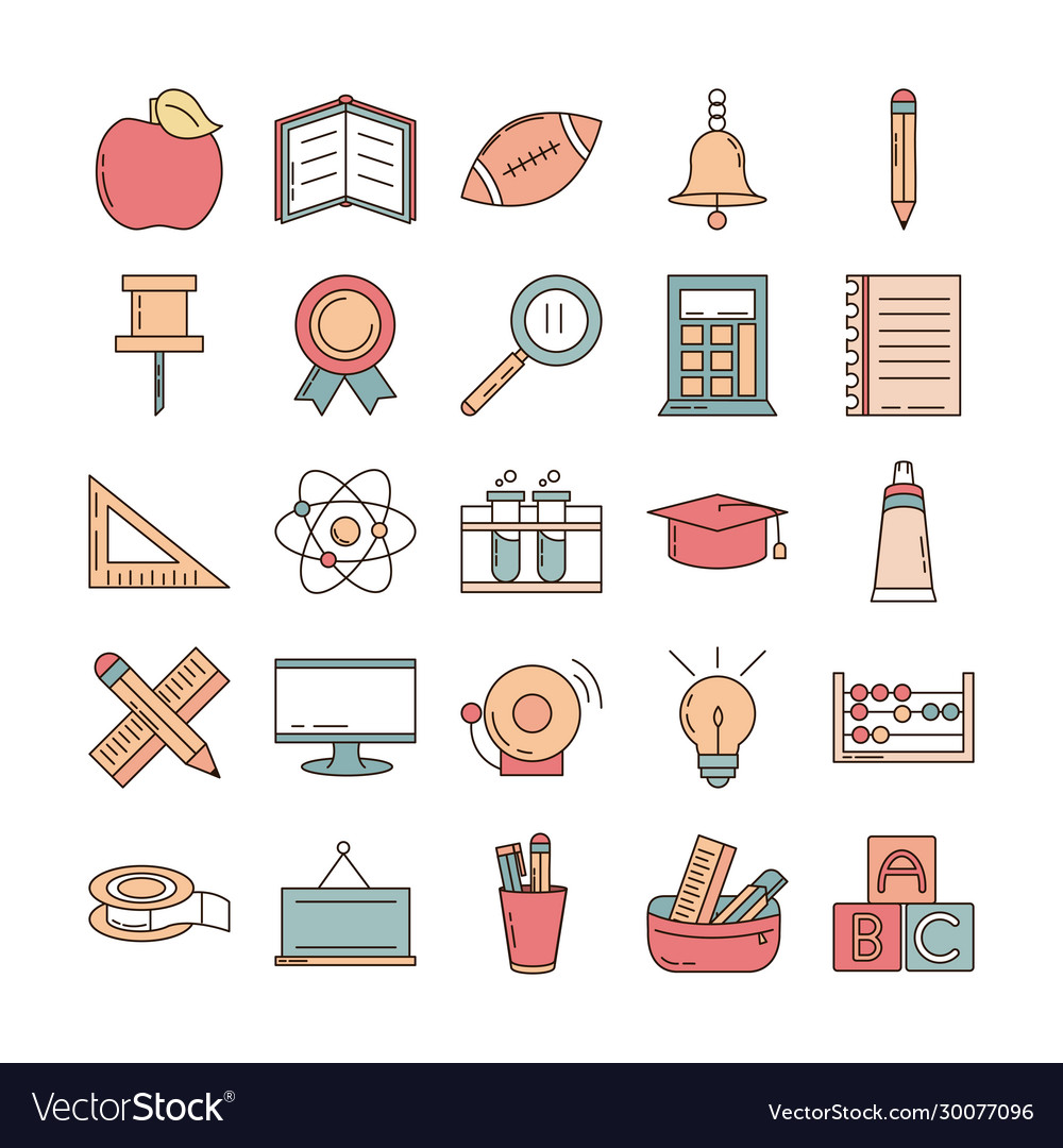School education learn supply stationery icons set