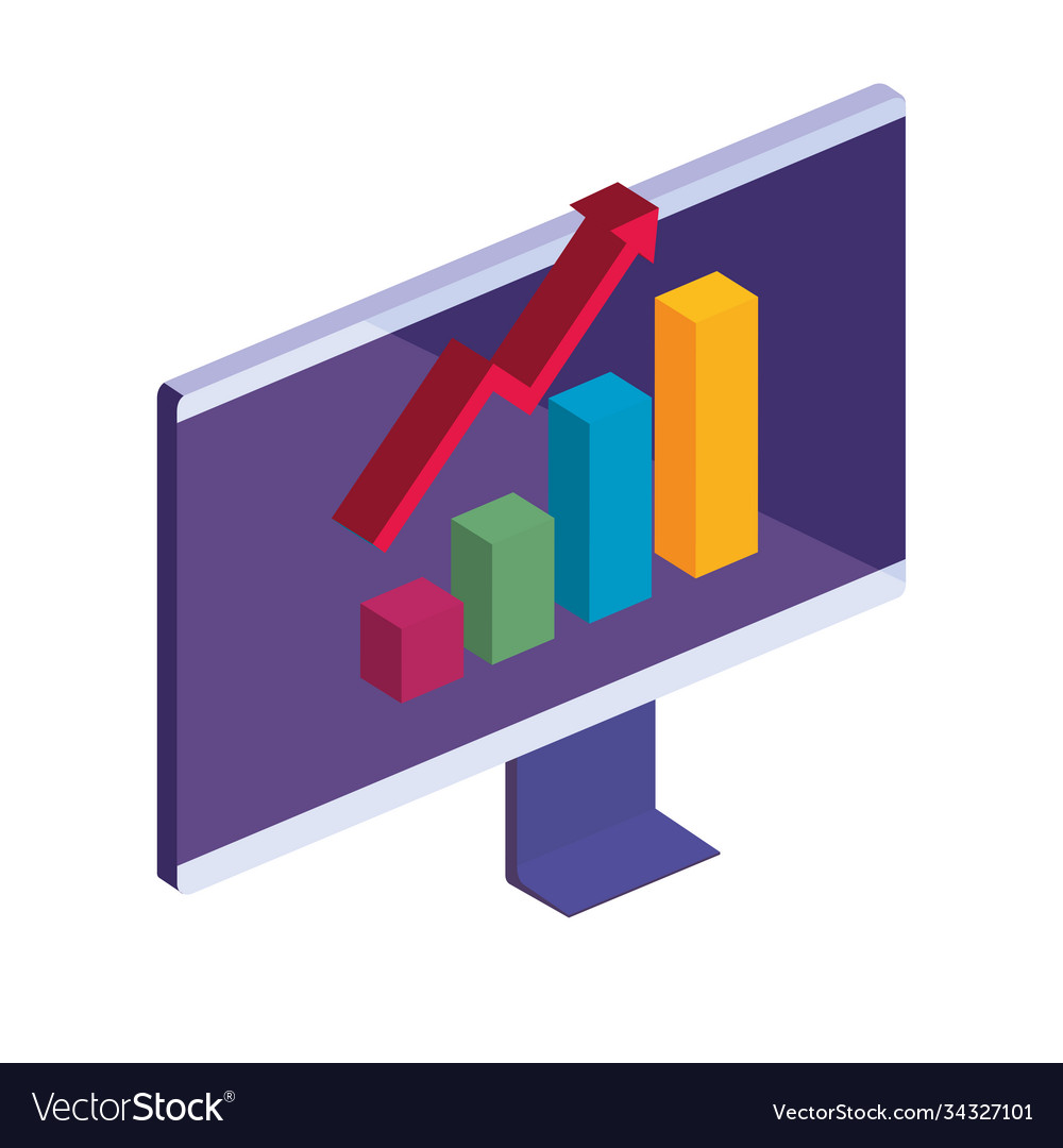 Bars chart with increase arrow on computer 3d Vector Image
