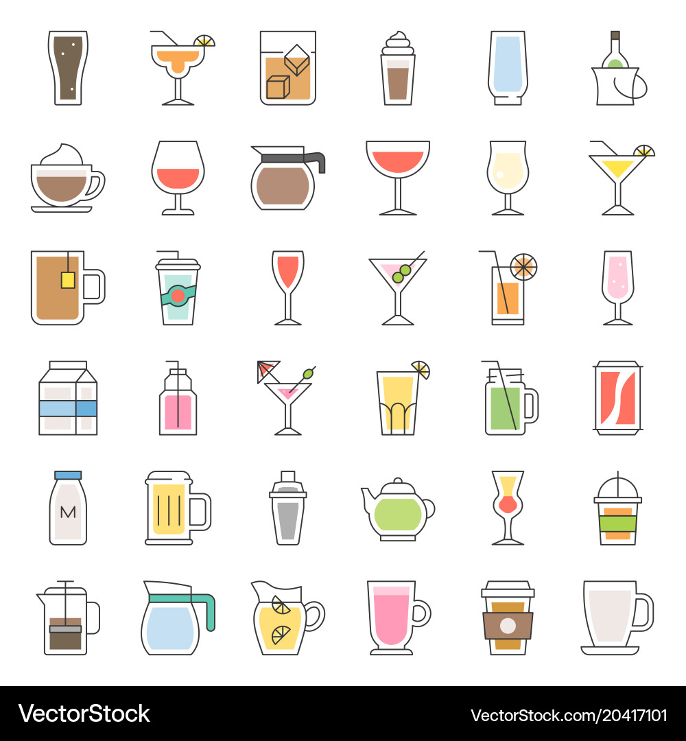 Beverage and glass set filled outline icon Vector Image