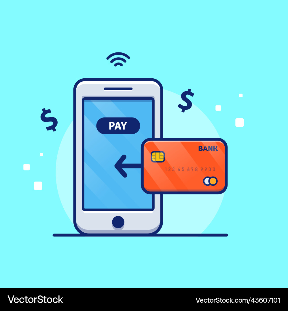 Handphone with payment application and bank card Vector Image