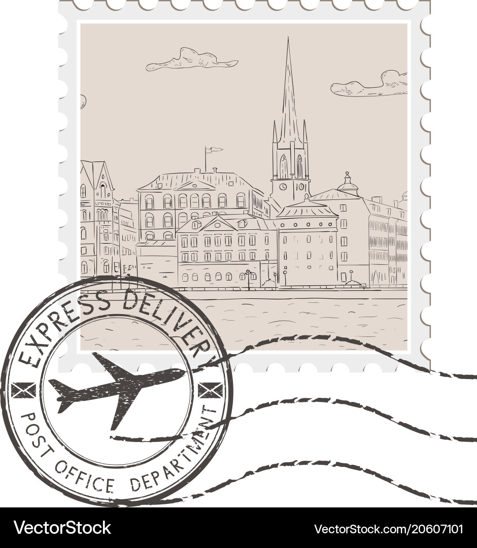 Postal stamp with old city panorama with black Vector Image