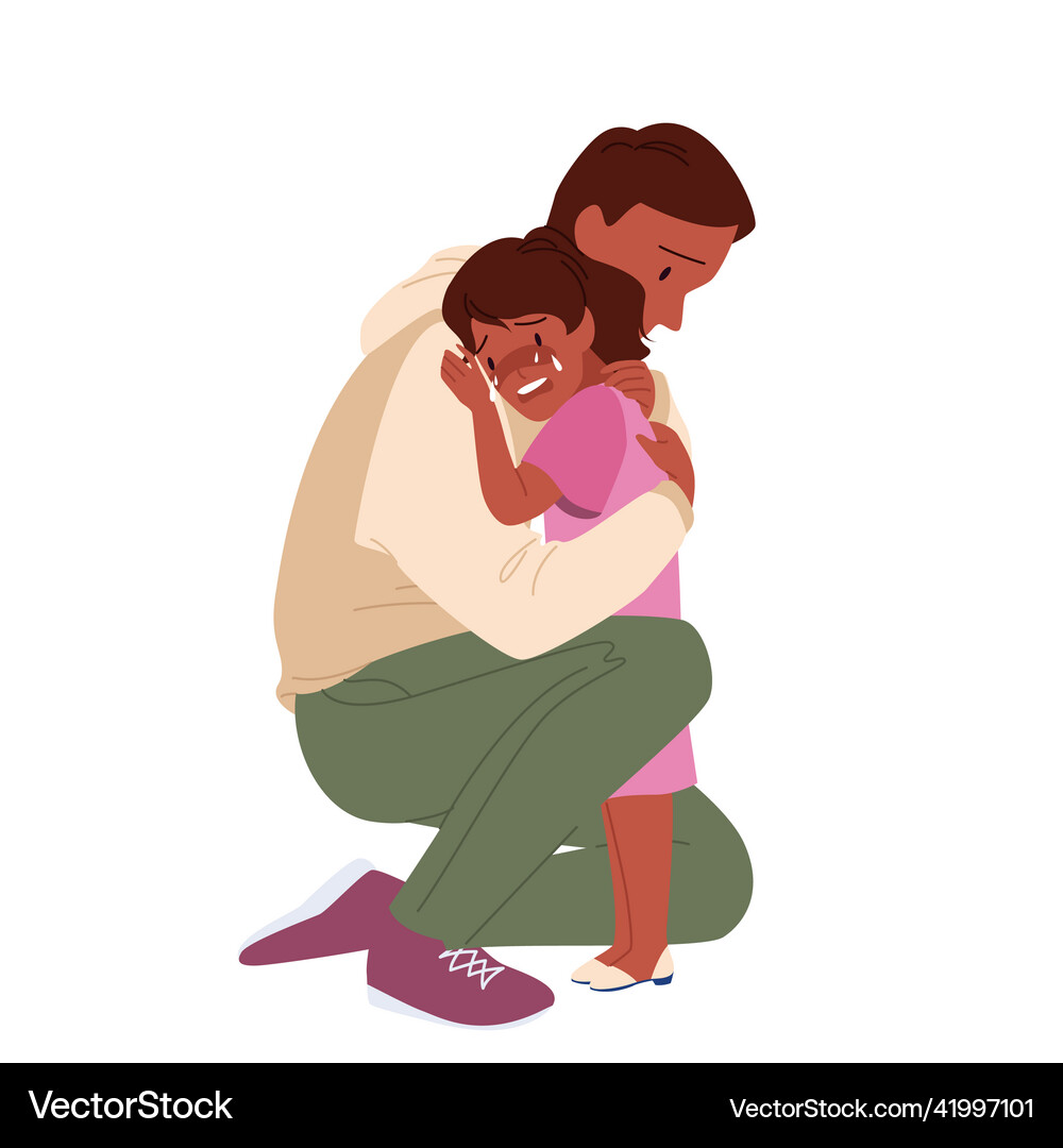 Sad father calming his daughter down and show Vector Image