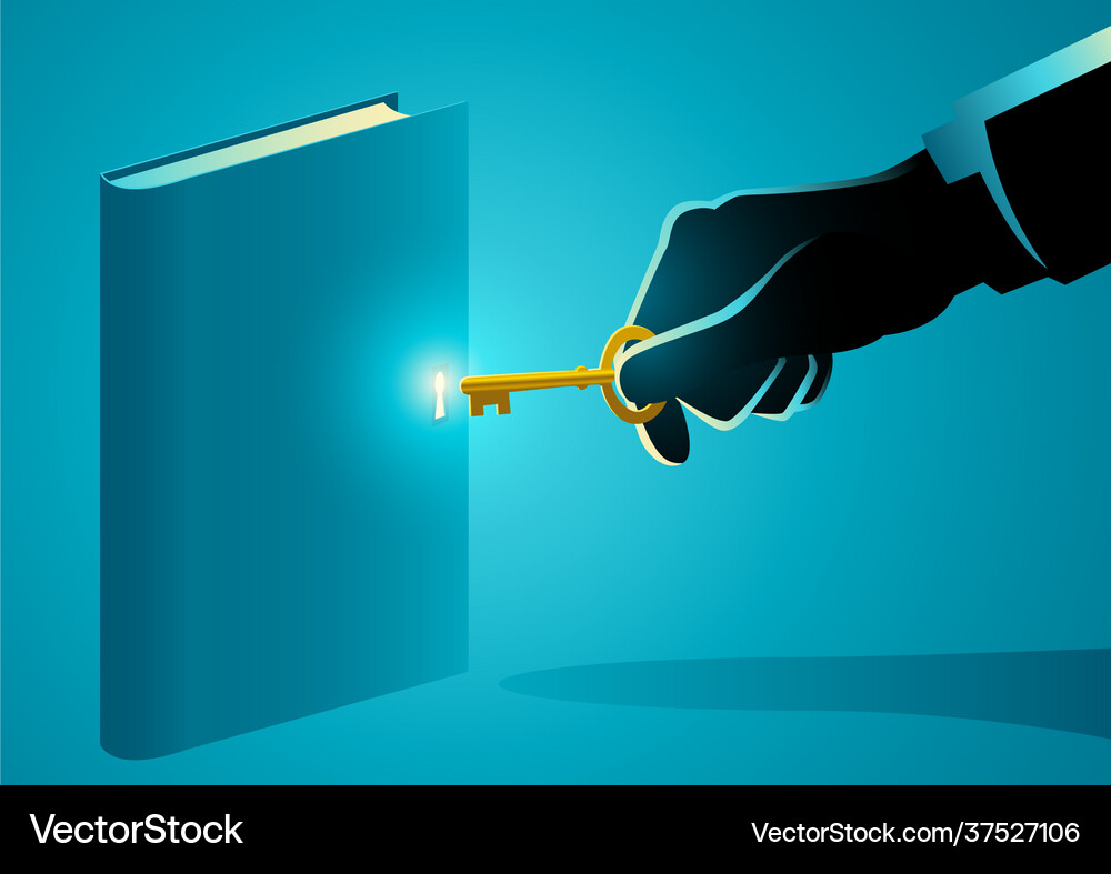 Hand with golden key opening a book Royalty Free Vector