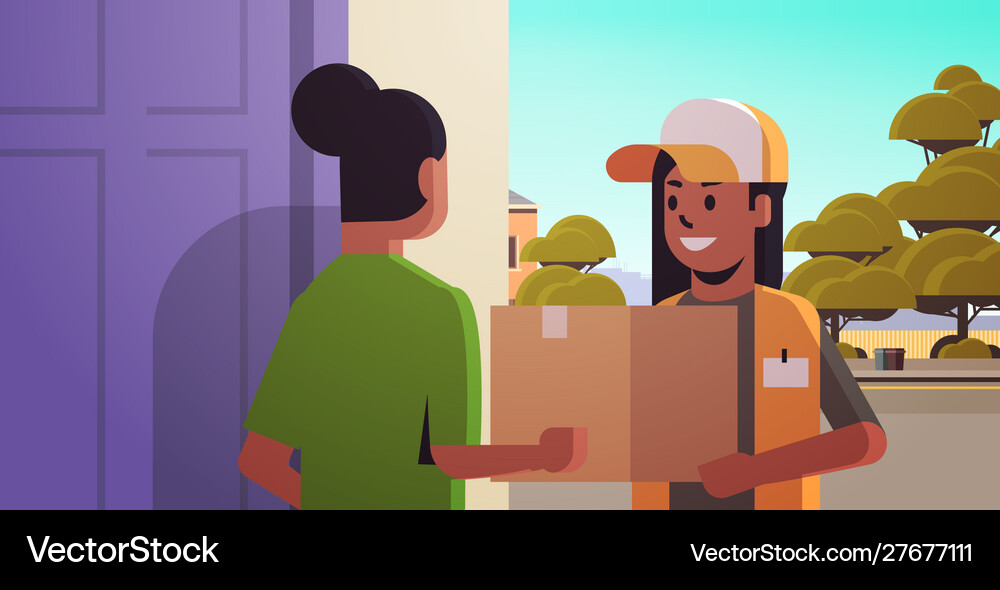Courier woman delivering cardboard parcel box Vector Image