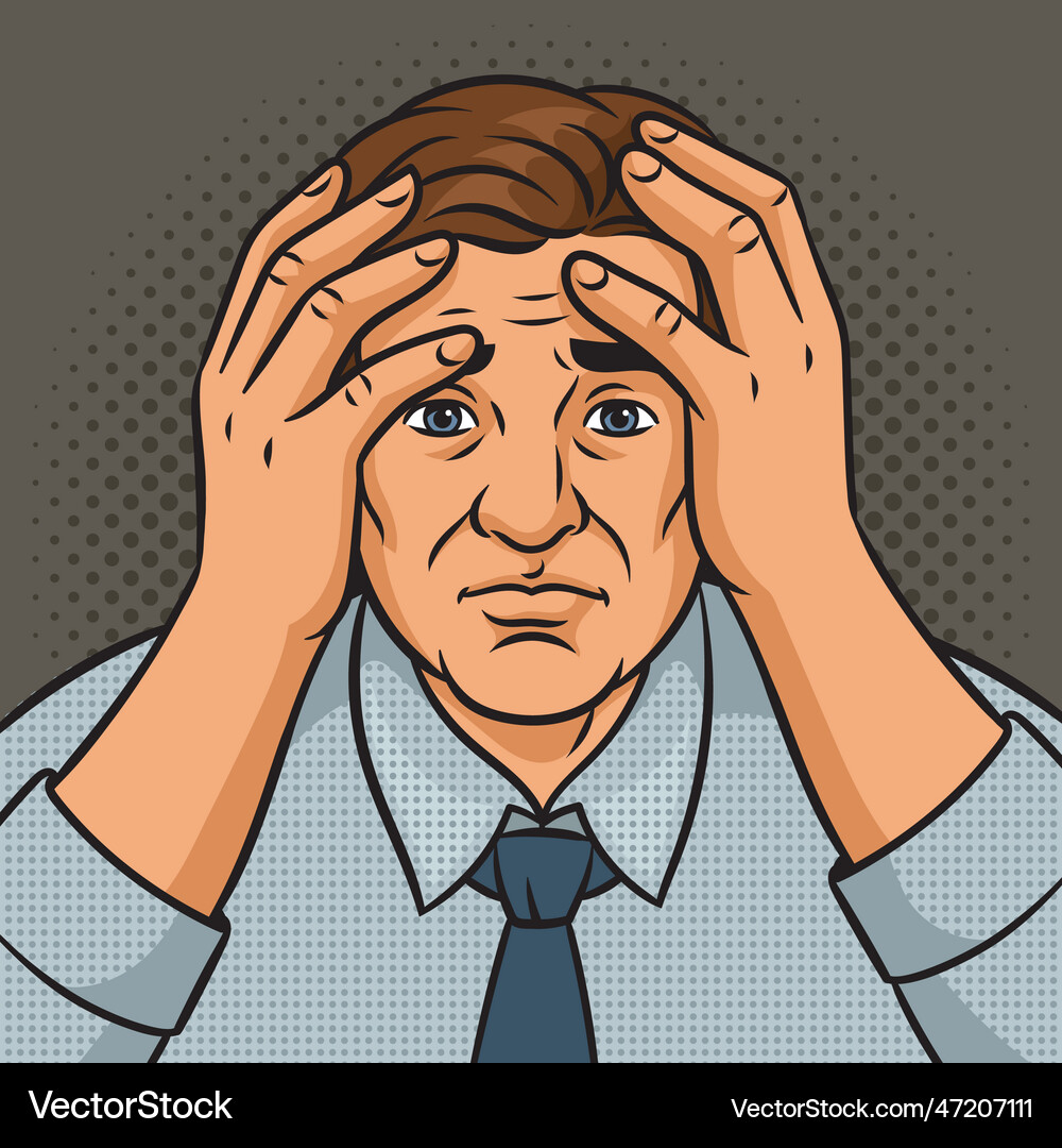 Sad man holding his head in grief pop art Vector Image