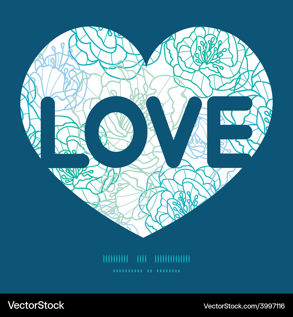 Blue line art flowers love text frame Royalty Free Vector
