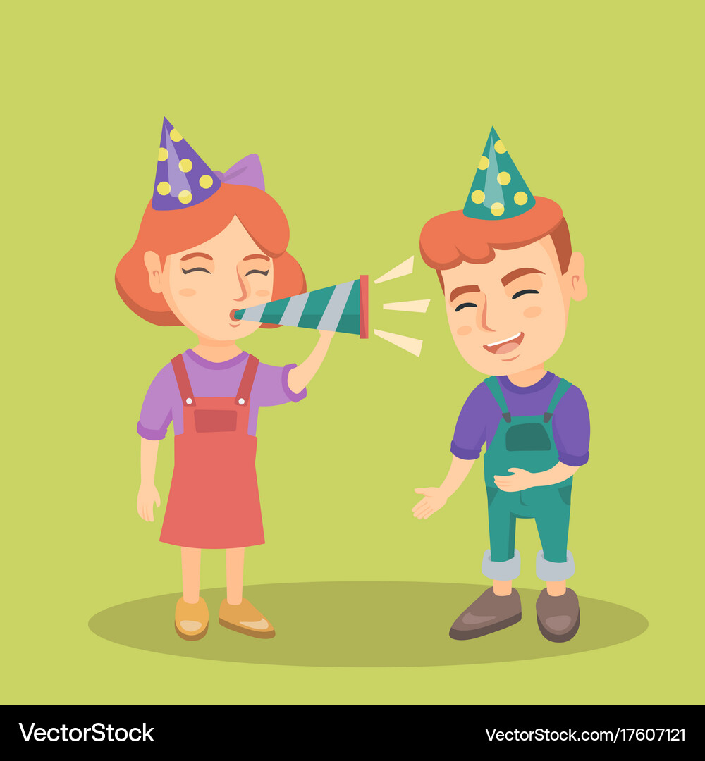 Children celebrating birthday with a party pipe Vector Image