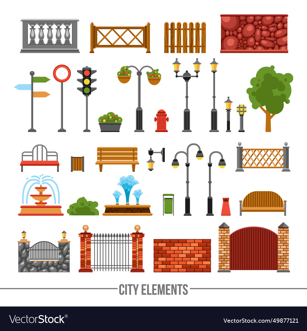 City elements flat icons set Royalty Free Vector Image