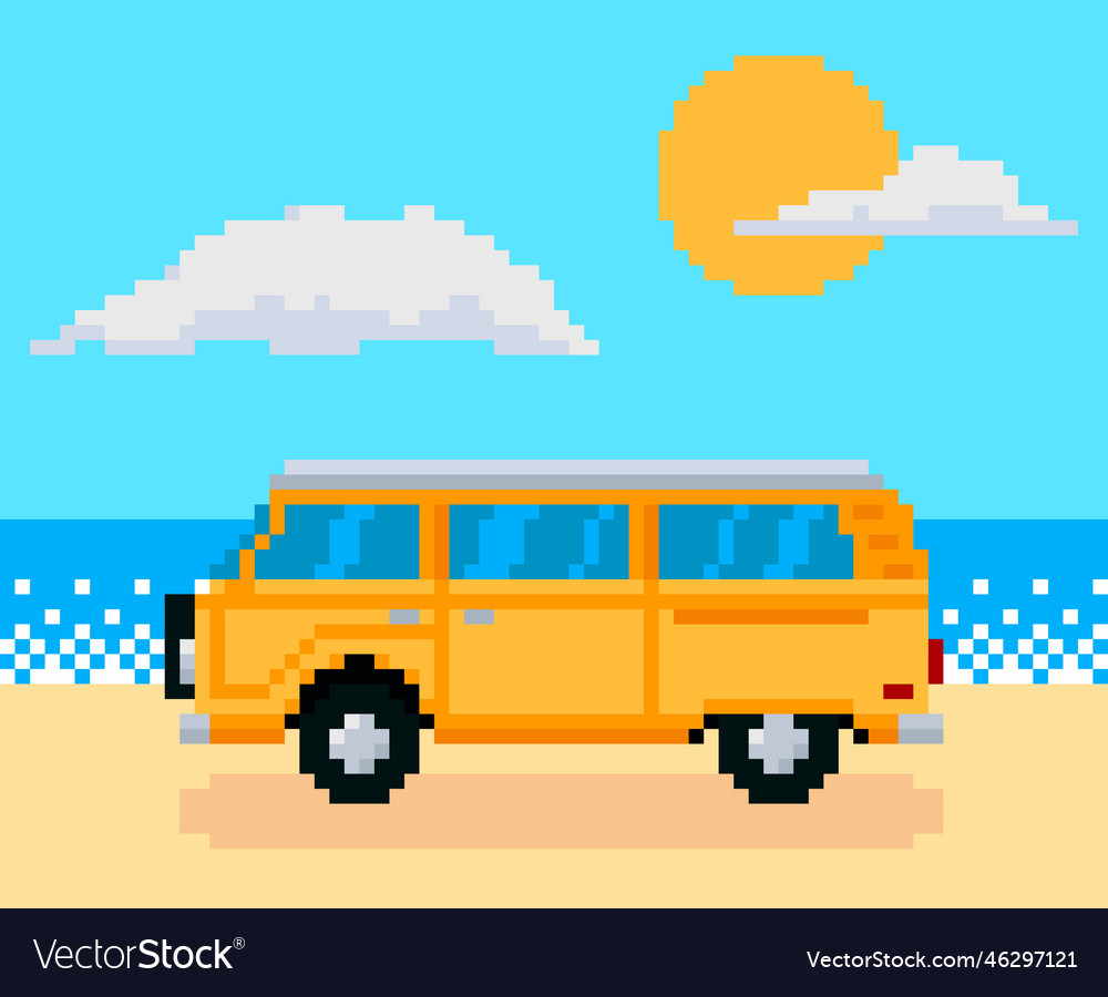 Retro bus on summer sea background pixel art 8 Vector Image